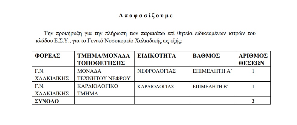 ΠΡΟΚΗΡΥΞΗ ΘΕΣΕΩΝ EIΔΙΚΕΥΜΕΝΩΝ ΙΑΤΡΩΝ ΚΛΑΔΟΥ Ε.Σ.Υ. – Γενικό Νοσοκομείο ...