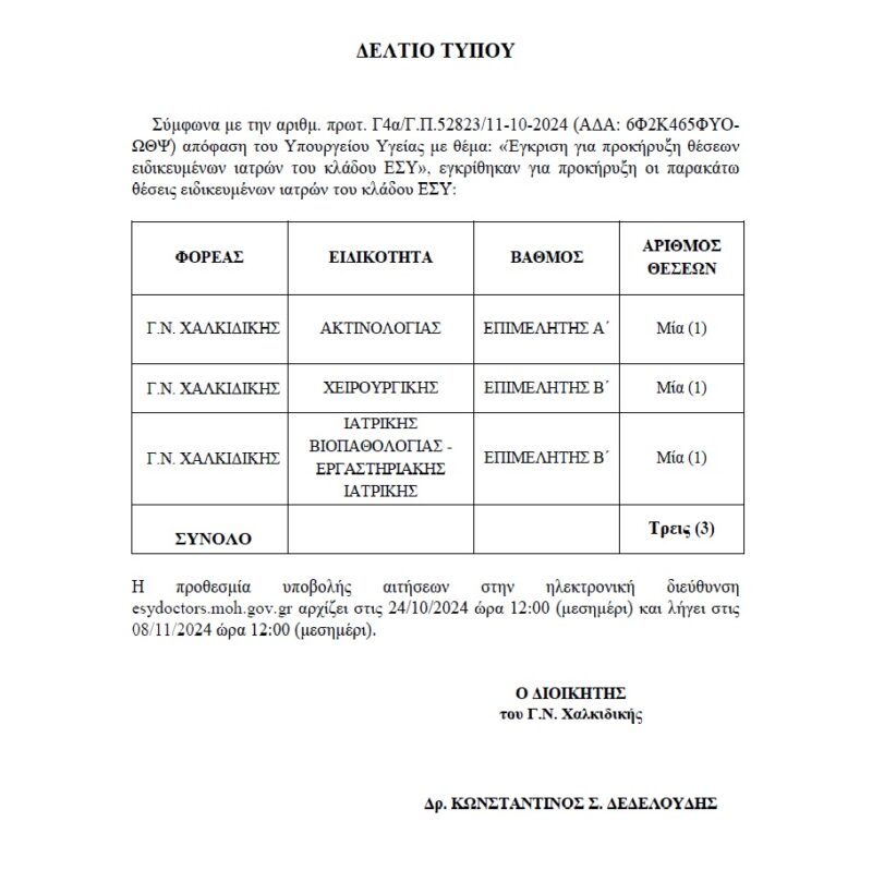 Έγκριση για προκήρυξη 3 θέσεων ειδικευμένων ιατρών του κλάδου ΕΣΥ ...